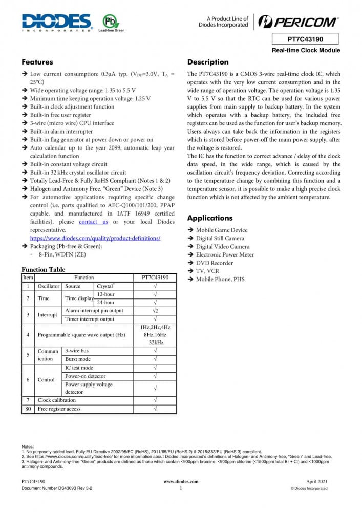 PT7C43190AWEX datasheet page 1