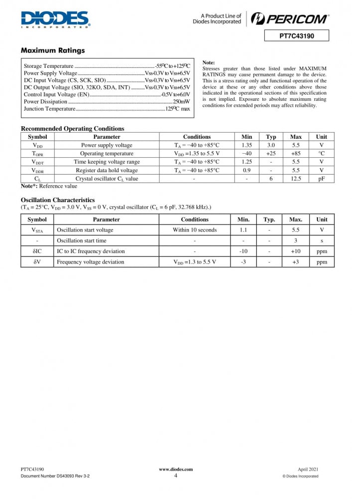 PT7C43190AWEX datasheet page 4
