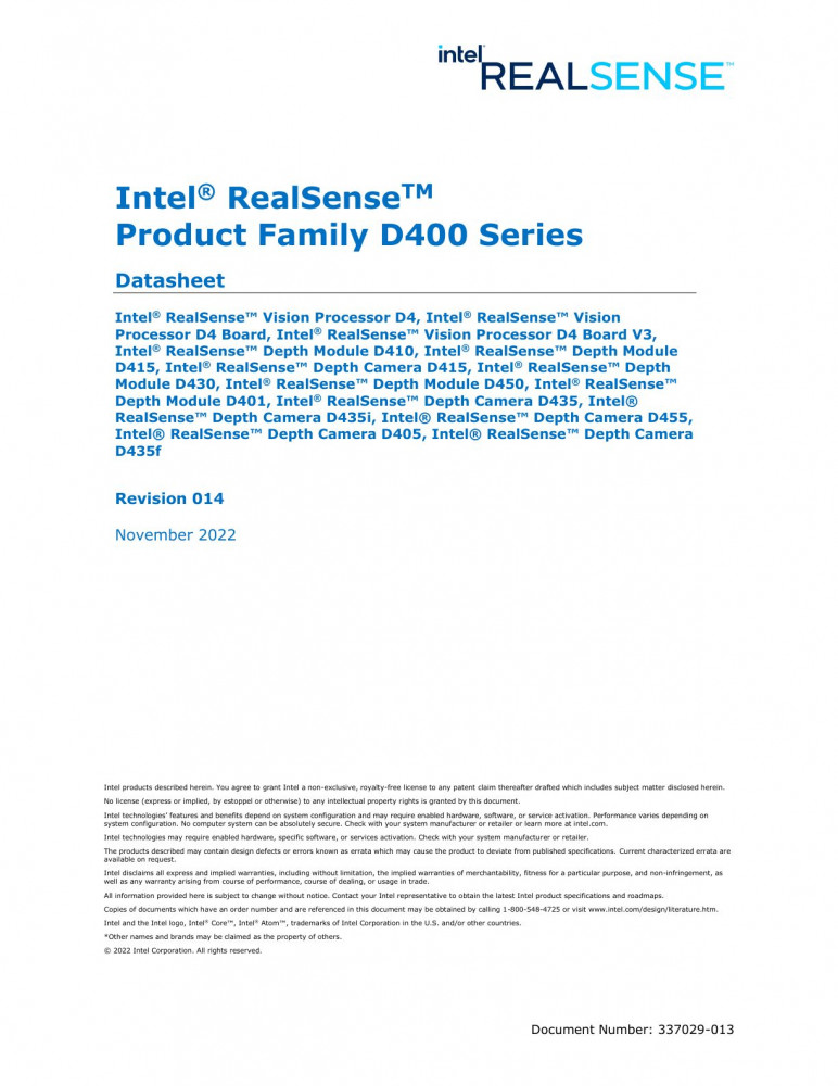 Intel RealSense D400 Series datasheet page 1