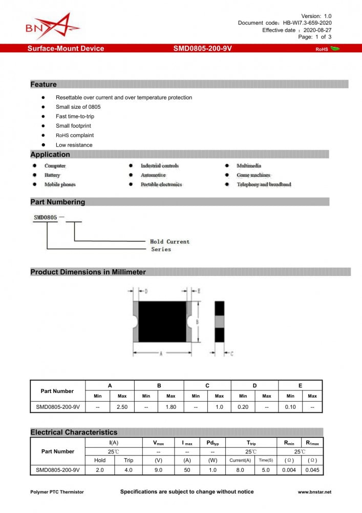 BNstar SMD0805-200-9V datasheet page 1
