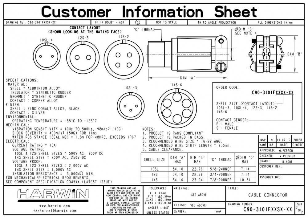 Harwin C90 connector drawing page 1