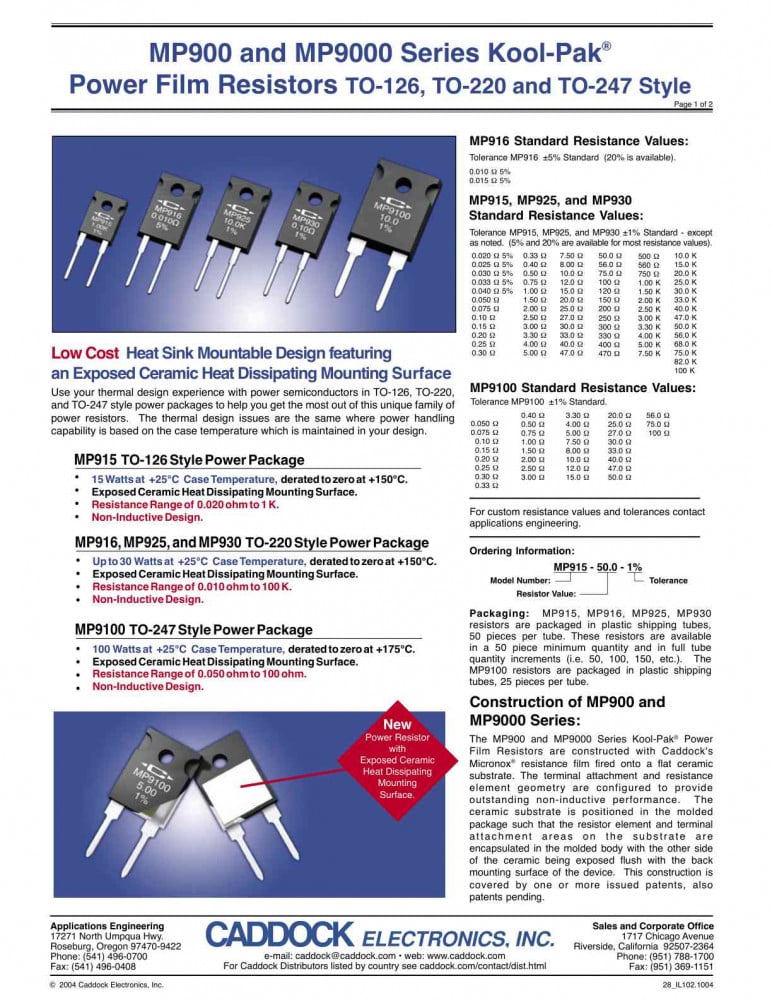 Caddock MP900 and MP9000 series datasheet page 1