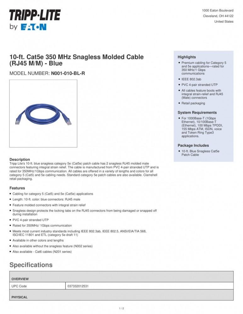 N001-010-BL-R technical document page 1