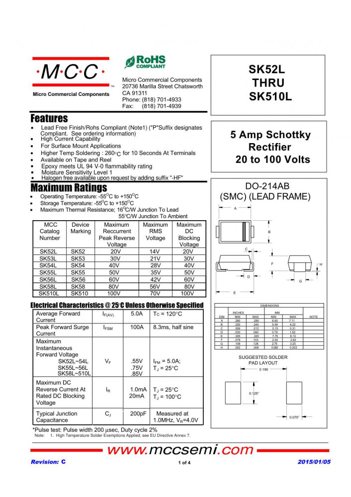 MCC SK510L-TP datasheet page 1