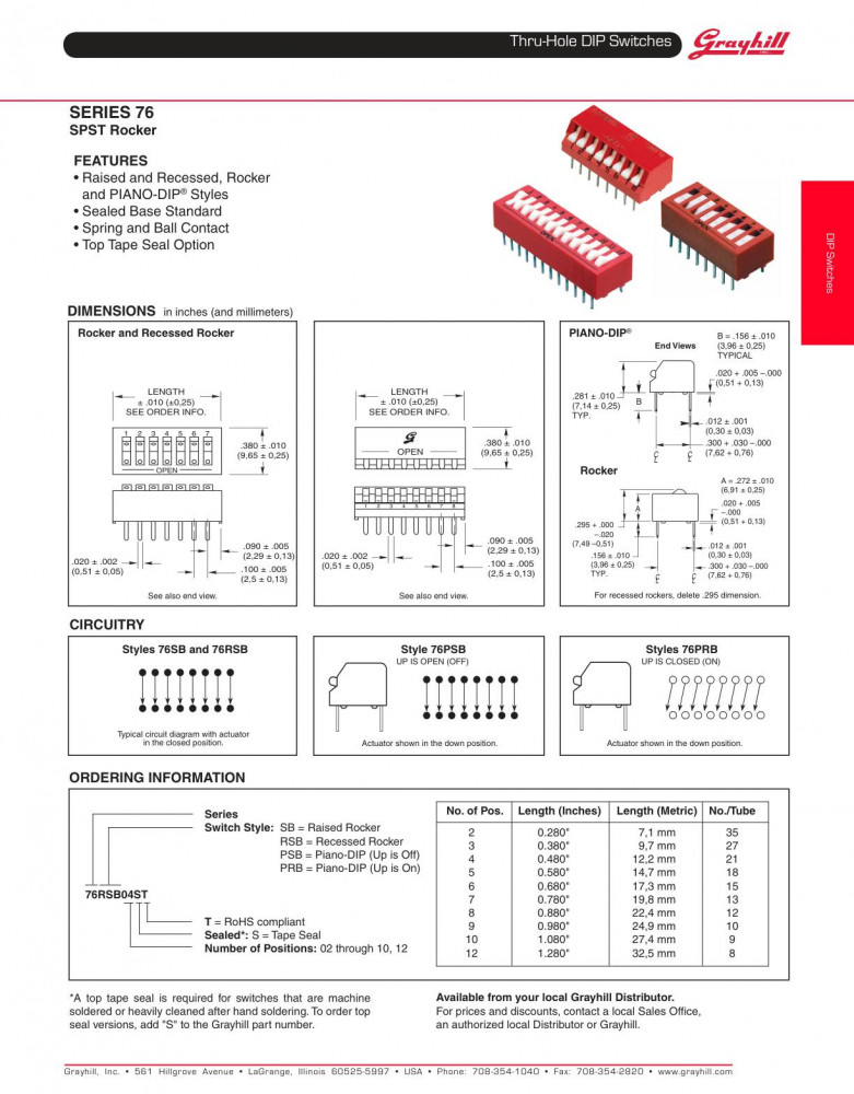 Grayhill Series 76 SPST rocker switch technical document page 1