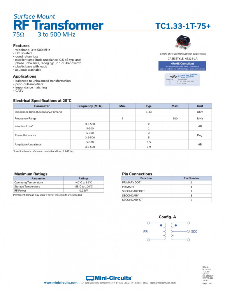 TC1.33-1T-75+ datasheet page 1