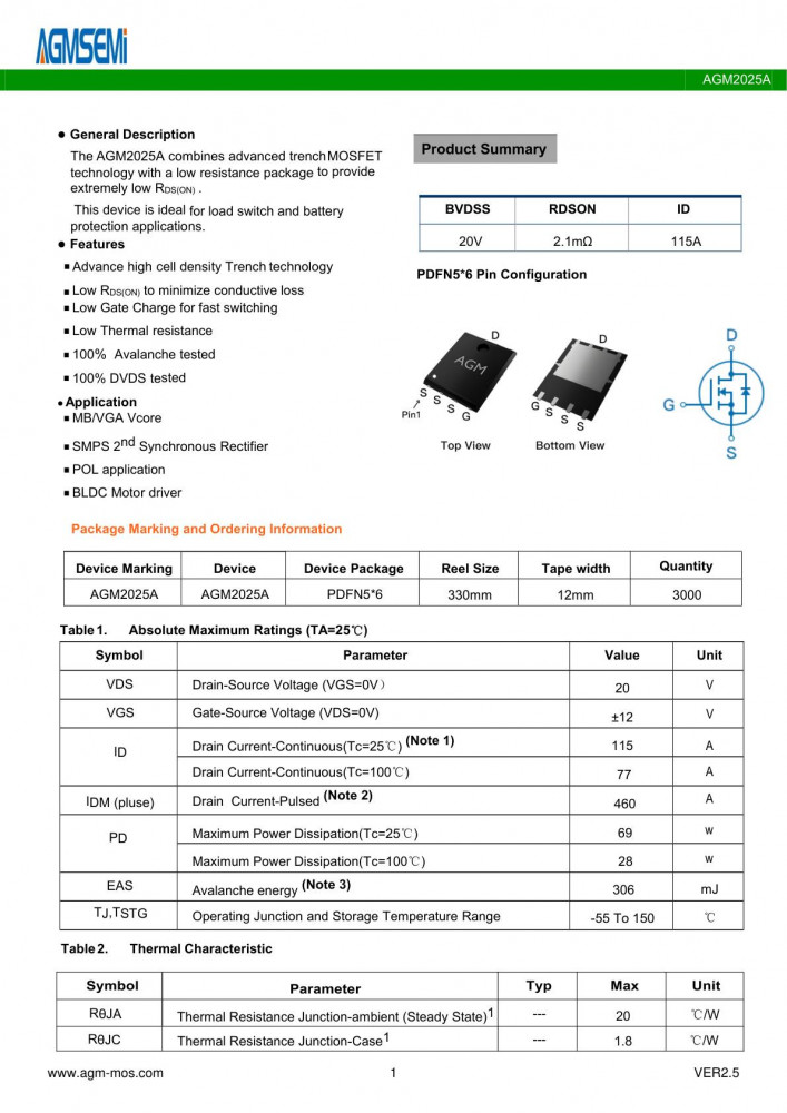 AGM2025A datasheet page 1