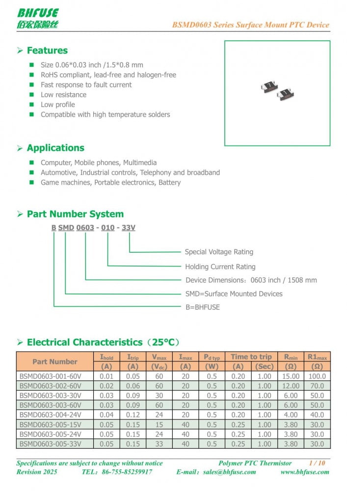 BHFUSE BSMD0603 technical document page 1