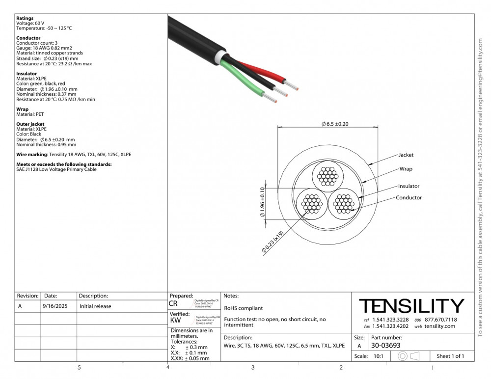 Tensility International 30-03693 cable drawing and specification sheet