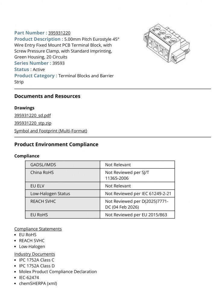 MOLEX 395931220 technical drawing image, page 1