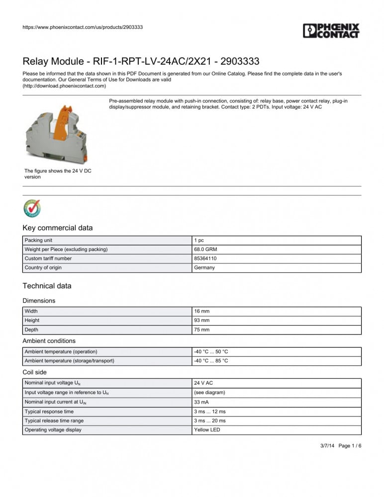 Phoenix Contact 2903333 datasheet page 1