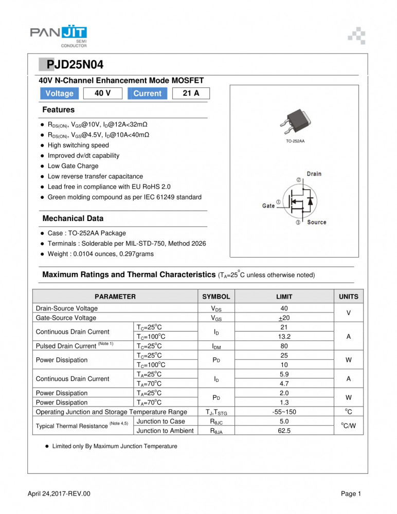 PJD25N04 datasheet page 1