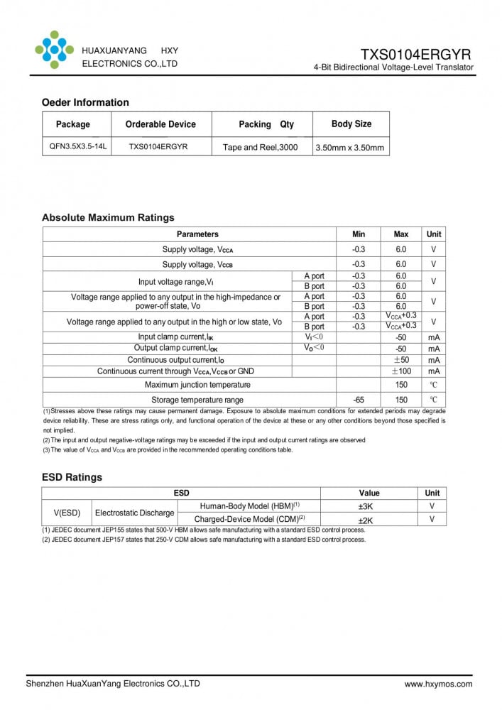 TXS0104ERGYR-HXY datasheet page 3