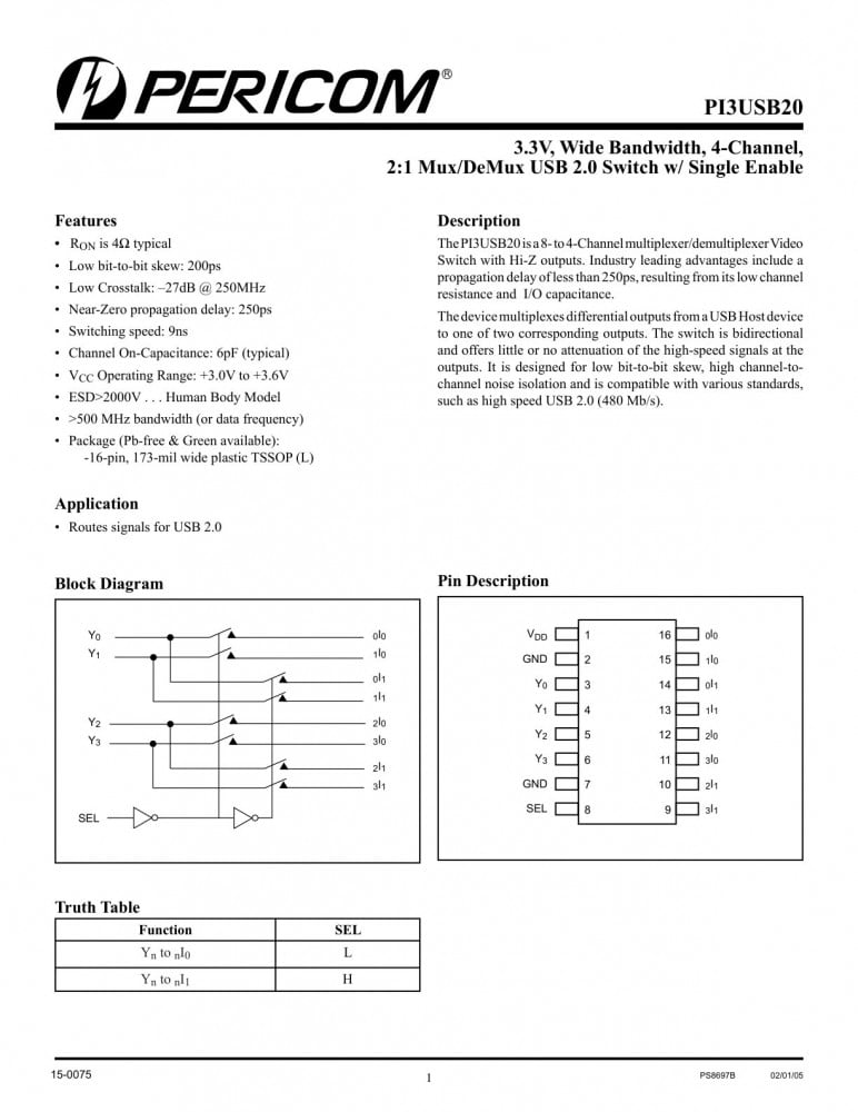 PI3USB20LE datasheet page 1