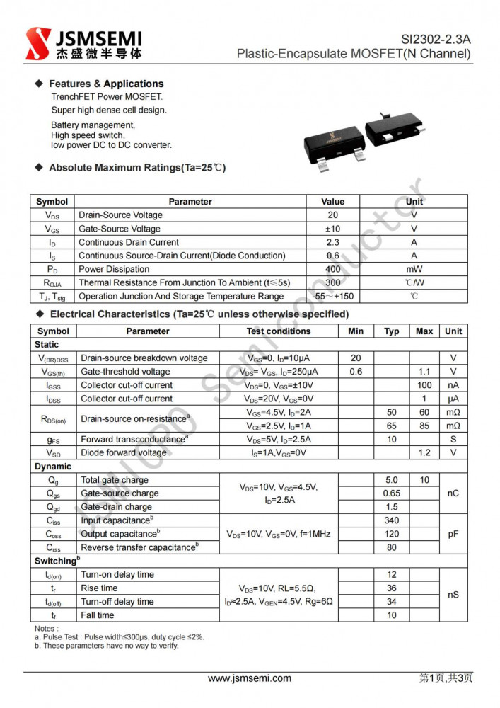 SI2302-2.3A-JSM datasheet page 1