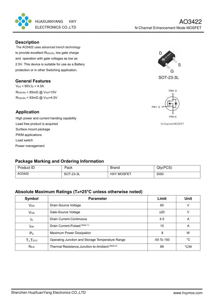 AO3422-HXY datasheet page 1