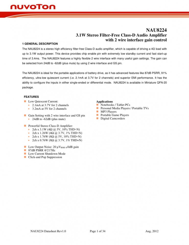 NAU8224YG datasheet page 1