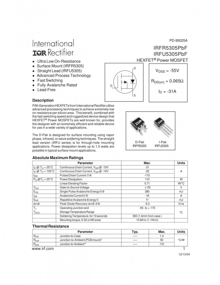 IRFR5305TRPBF datasheet page 1
