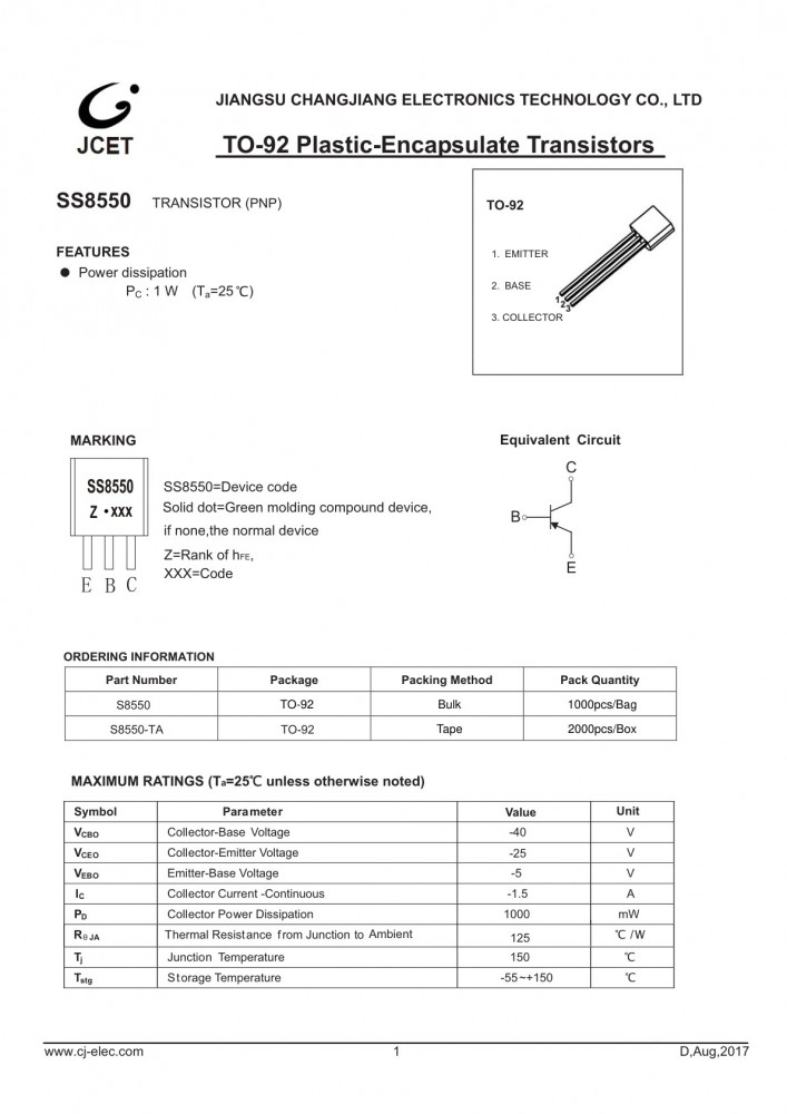 SS8550 datasheet page 1