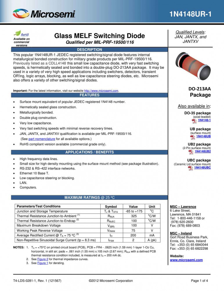 1N4148UR-1 datasheet page 1