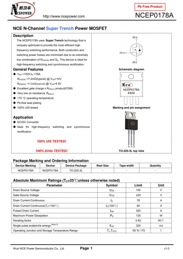 NCEP0178A datasheet page 1