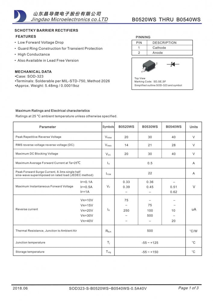 B0530WS datasheet page 1