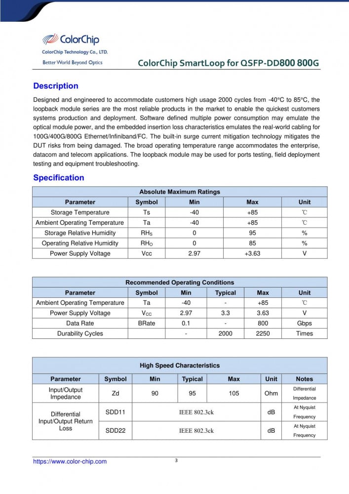 ColorChip QSFP-DD800 loopback documentation page 3