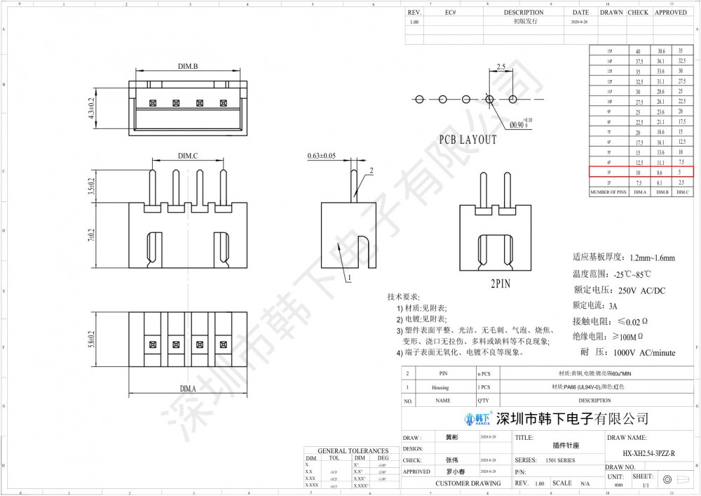 HX-XH2.54-3PZZ-R technical drawing page