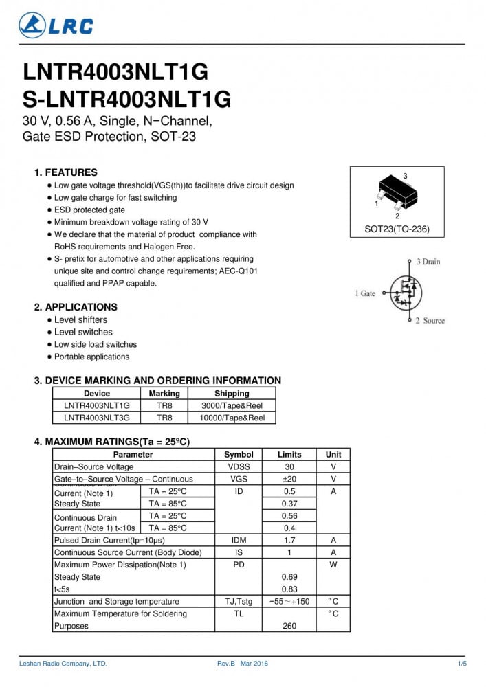 LNTR4003NLT1G datasheet page 1