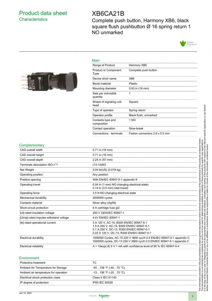XB6CA21B technical document page 1