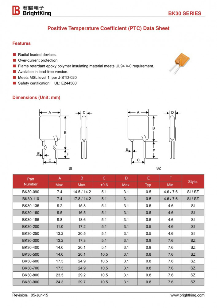 BK30 series datasheet page 1