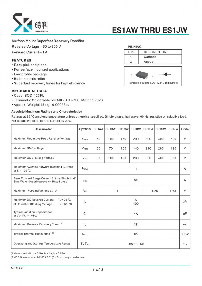 ES1DW datasheet page 1