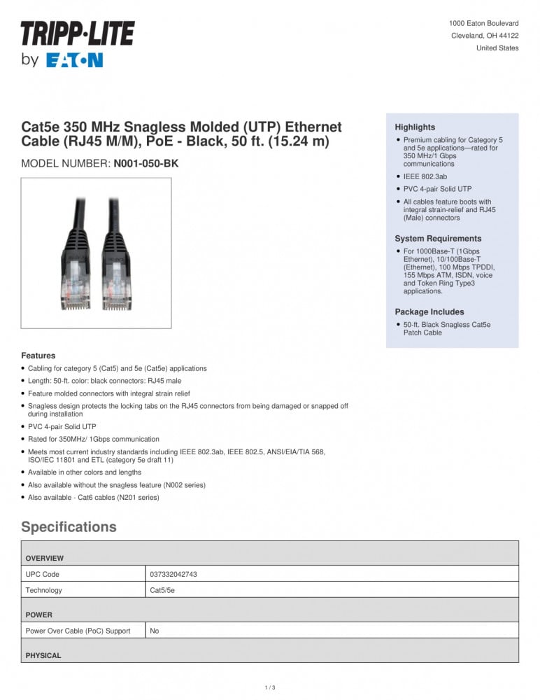 EATON N001-050-BK technical document page 1
