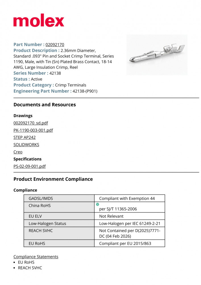 MOLEX .093 Standard Pin Terminals document preview, page 1