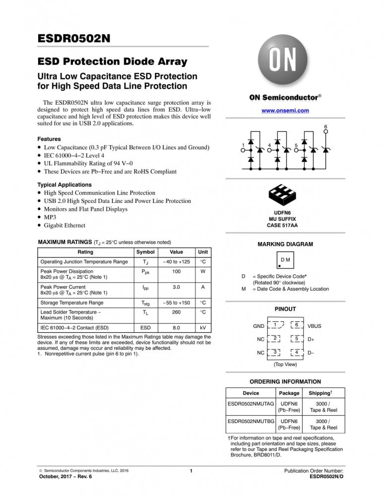 ESDR0502NMUTBG datasheet page 1