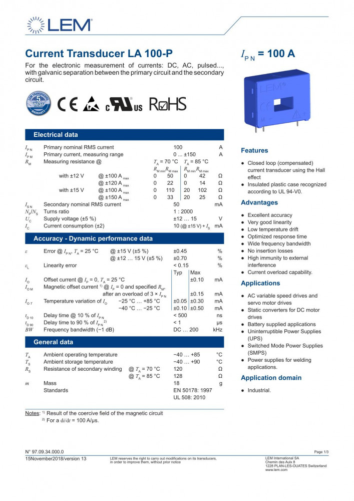 LEM LA100-P datasheet page 1