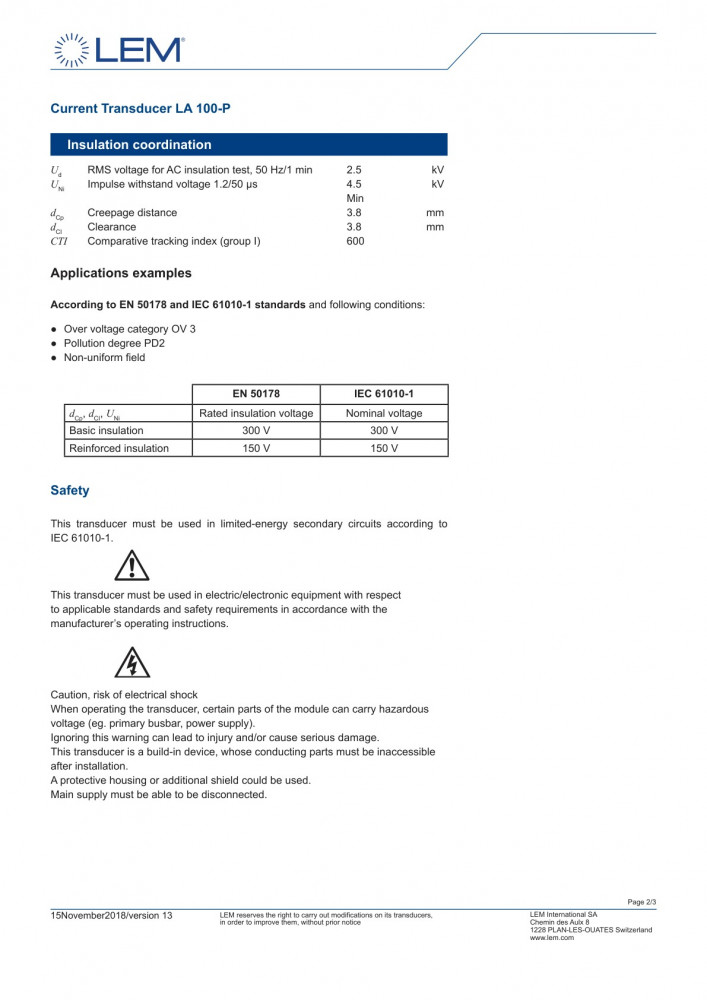 LEM LA100-P datasheet page 2