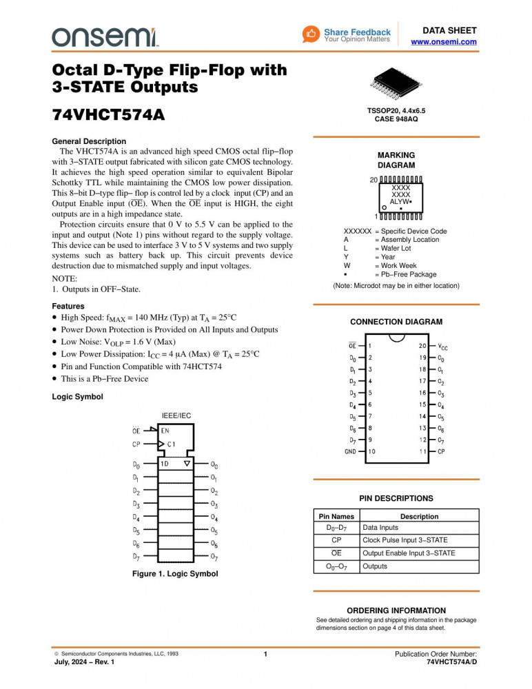 74VHCT574A datasheet page 1