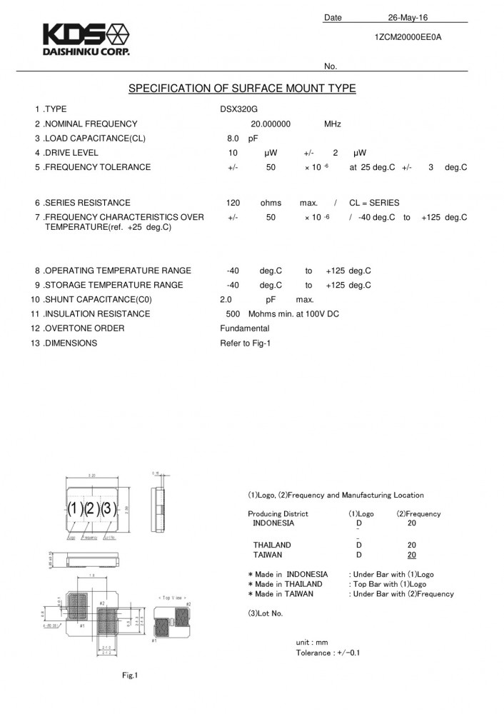 KDS DSX320G specification and package marking drawing