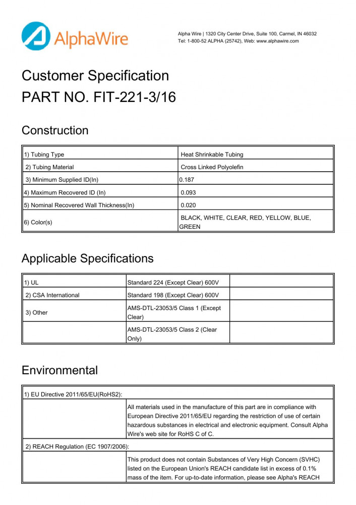 Alpha Wire FIT-221-3/16 technical specification page 1