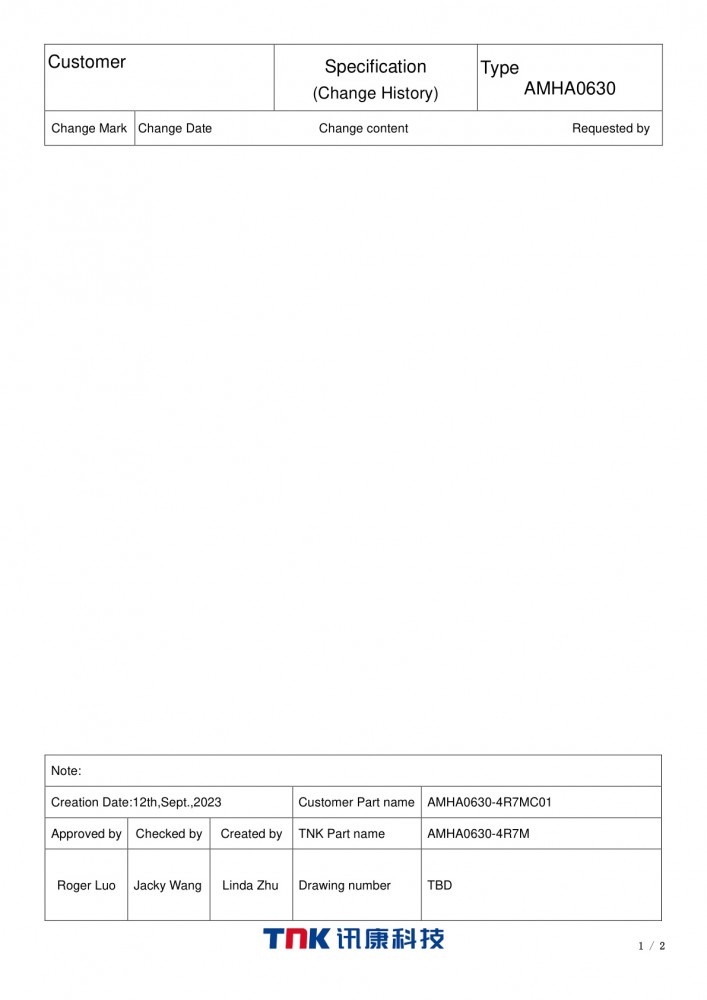 TNK AMHA0630-4R7M specification document page 1