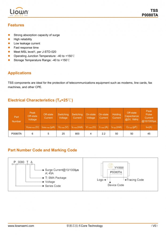 Liown P0080TA datasheet page 1