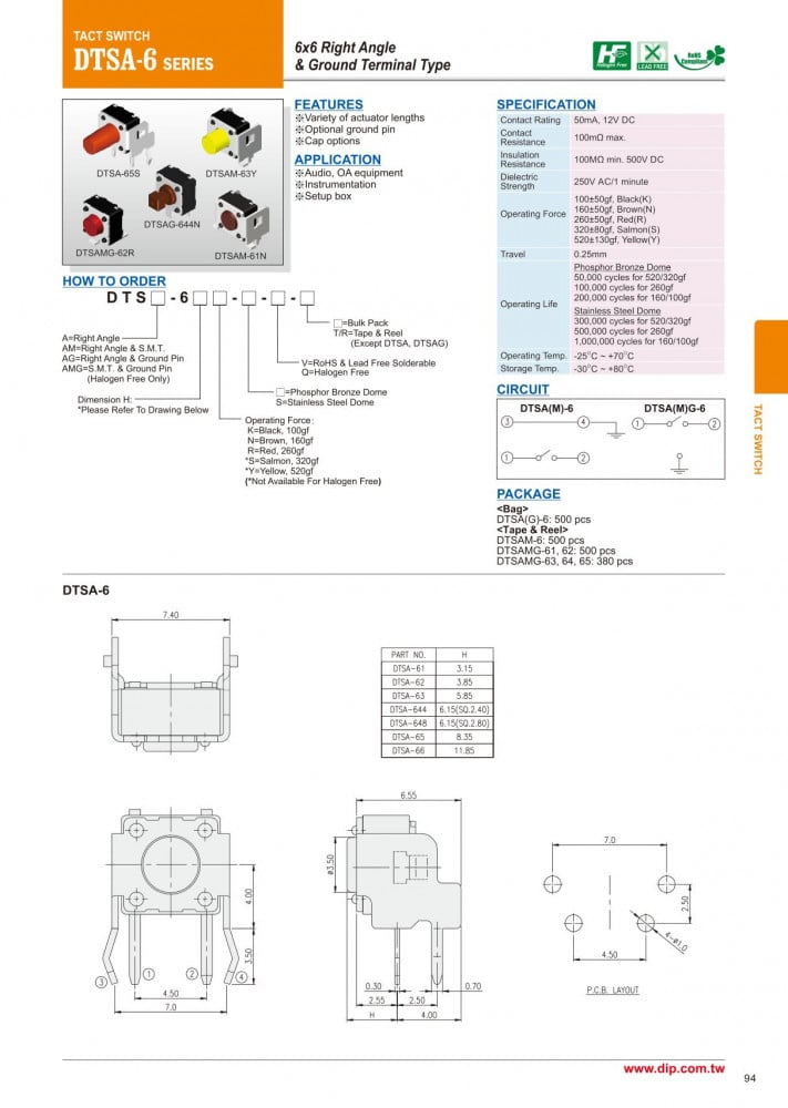 DTSA-6 tactile switch datasheet page 1