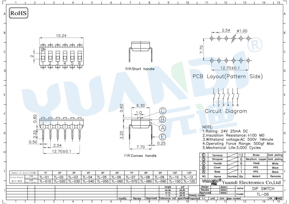 YUANDI TL-06 technical drawing and component table