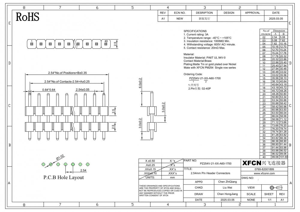 XFCN PZ254V-21-40-A60-1700 PCB hole layout drawing