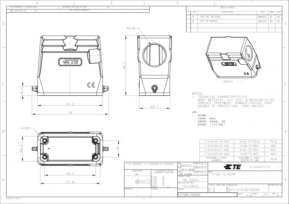 TE Connectivity H10A-TS-M20 technical drawing preview