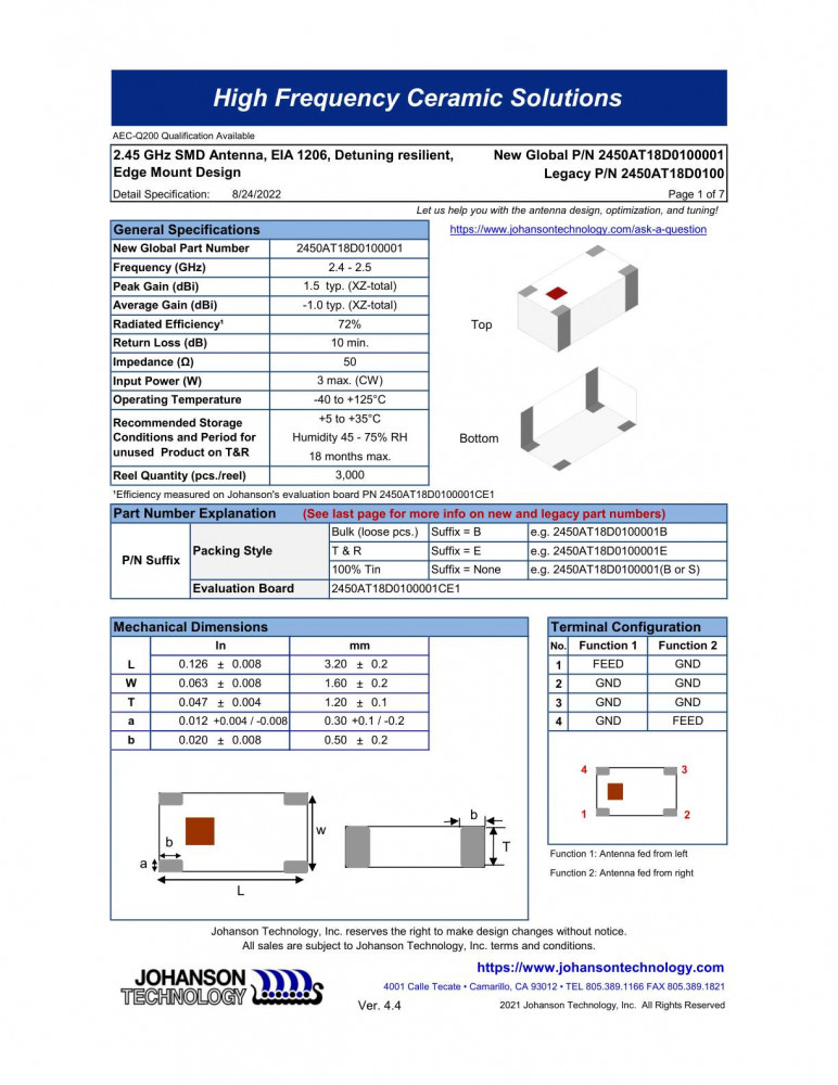 2450AT18D0100E datasheet page 1