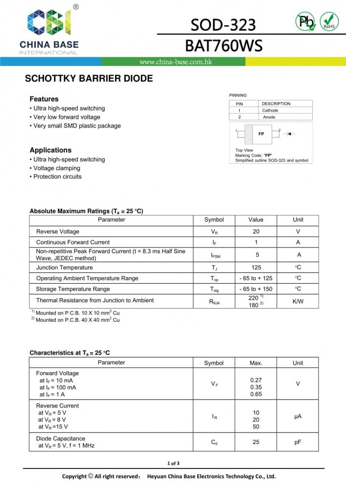 BAT760WS datasheet page 1