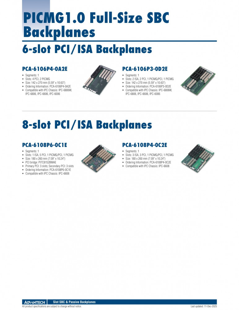 ADVANTECH PICMG 1.0 backplane catalog page