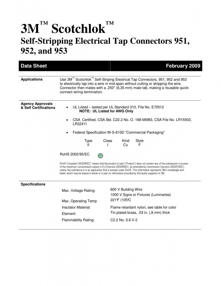 3M Scotchlok 952K technical datasheet page 1